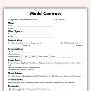 Model Contract, Printable Modeling Services Form Template, Editable ...