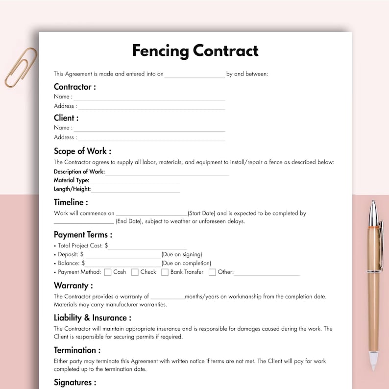 Fencing Contract, Printable Fence Contract Form Template, Editable ...