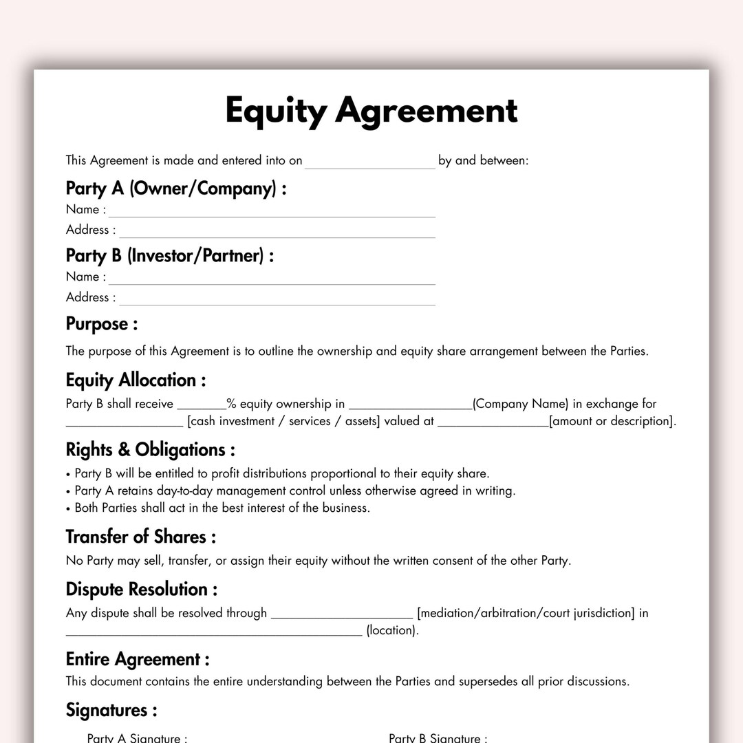 Equity Agreement, Printable Equity Share Document Form Template ...