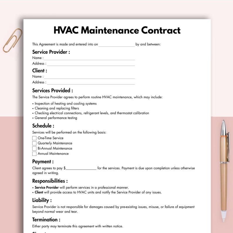 HVAC Maintenance Contract, Printable Heating & Cooling Service ...