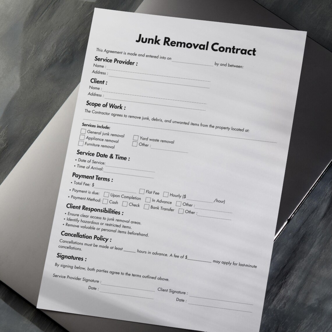 Junk Removal Contract, Printable Trash Removal Template, Editable ...