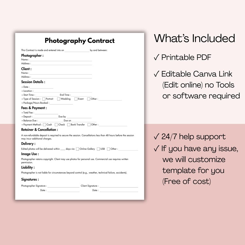 Photography Contract, Printable Contract for Photographers Event Form ...