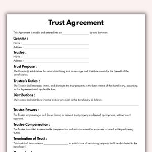 Trust Agreement, Printable Trust Contract Form Template, Editable Trust ...