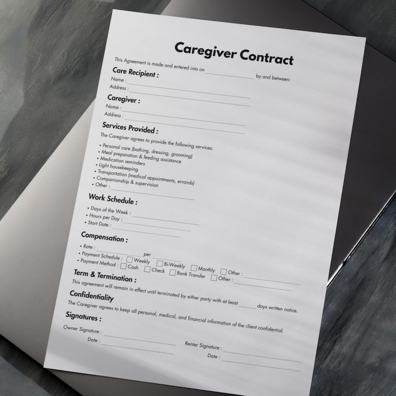 Caregiver Contract, Printable Nanny Contract Template, Editable Elder ...