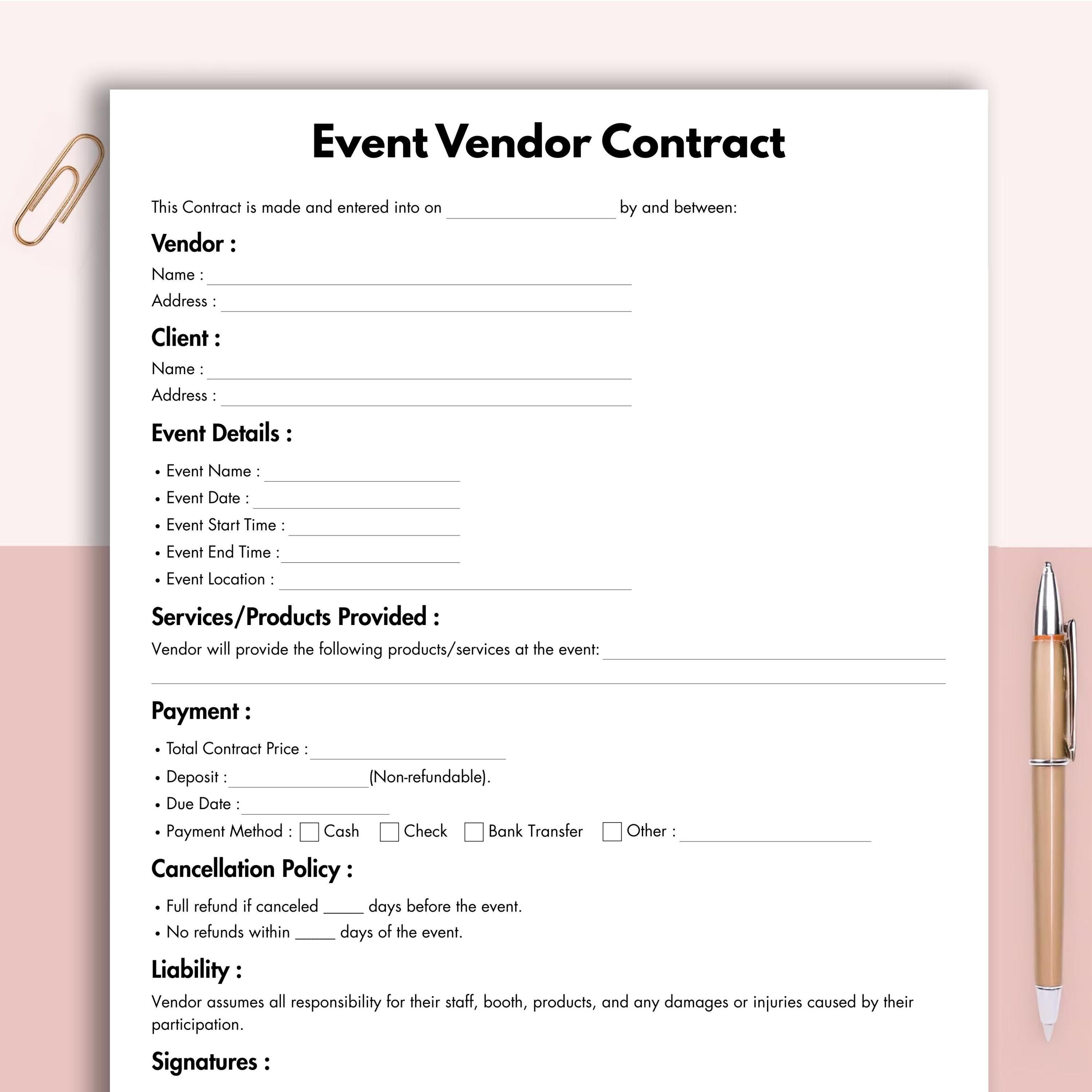 Event Vendor Contract, Printable Page Popup Event Vendor Form Template ...
