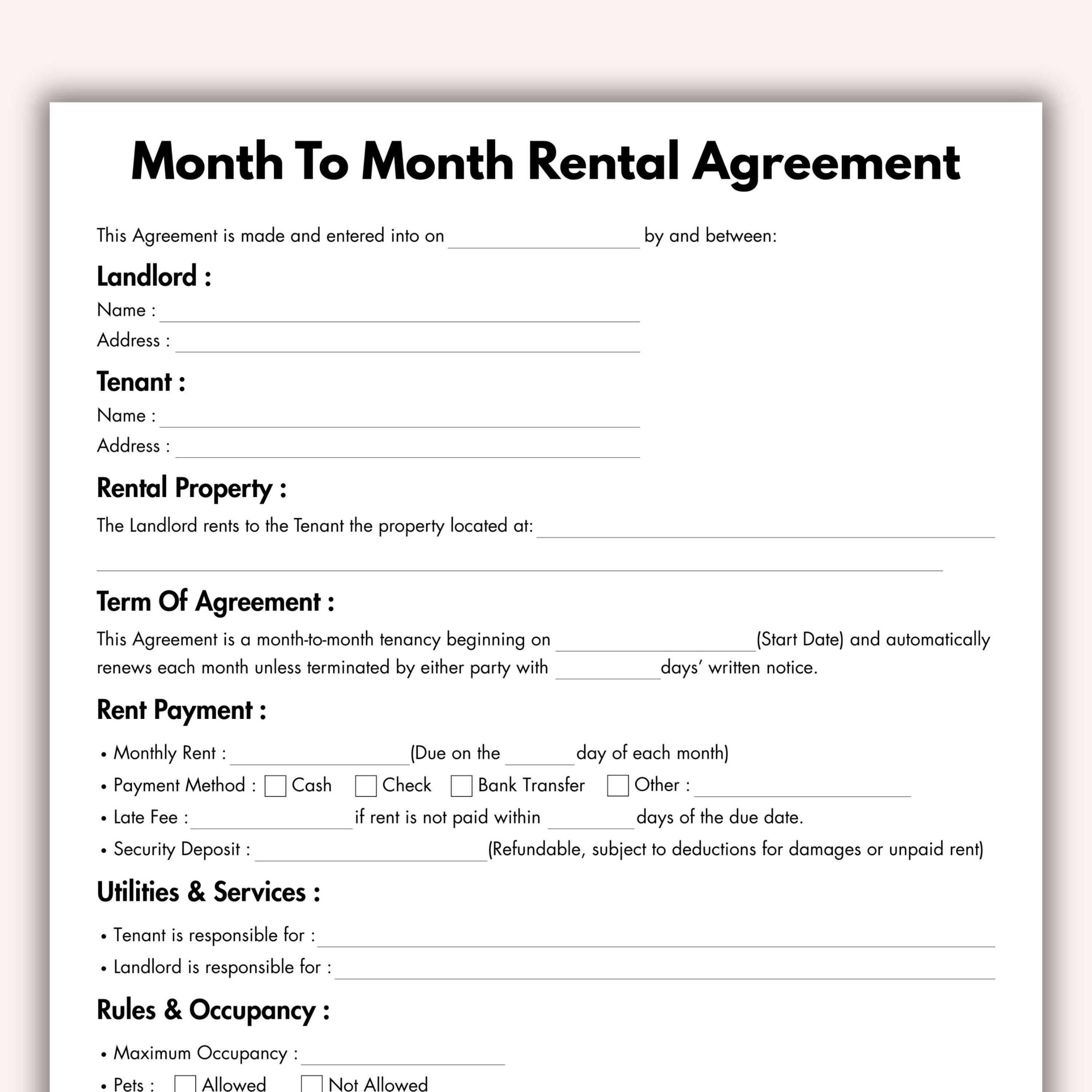Month to Month Rental Agreement, Printable Tenant Agreement Form ...