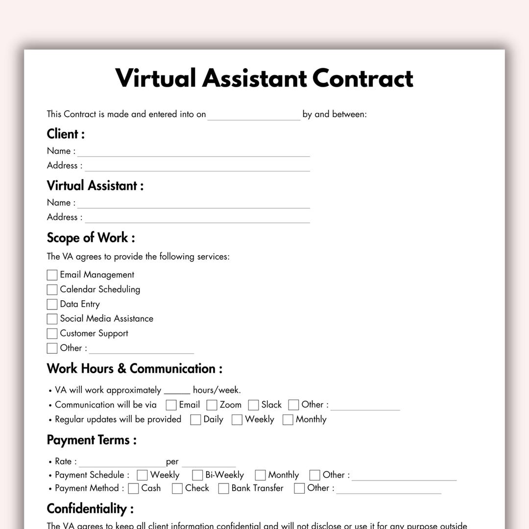 Virtual Assistant Contract, Printable Freelance Assistant Agreement ...