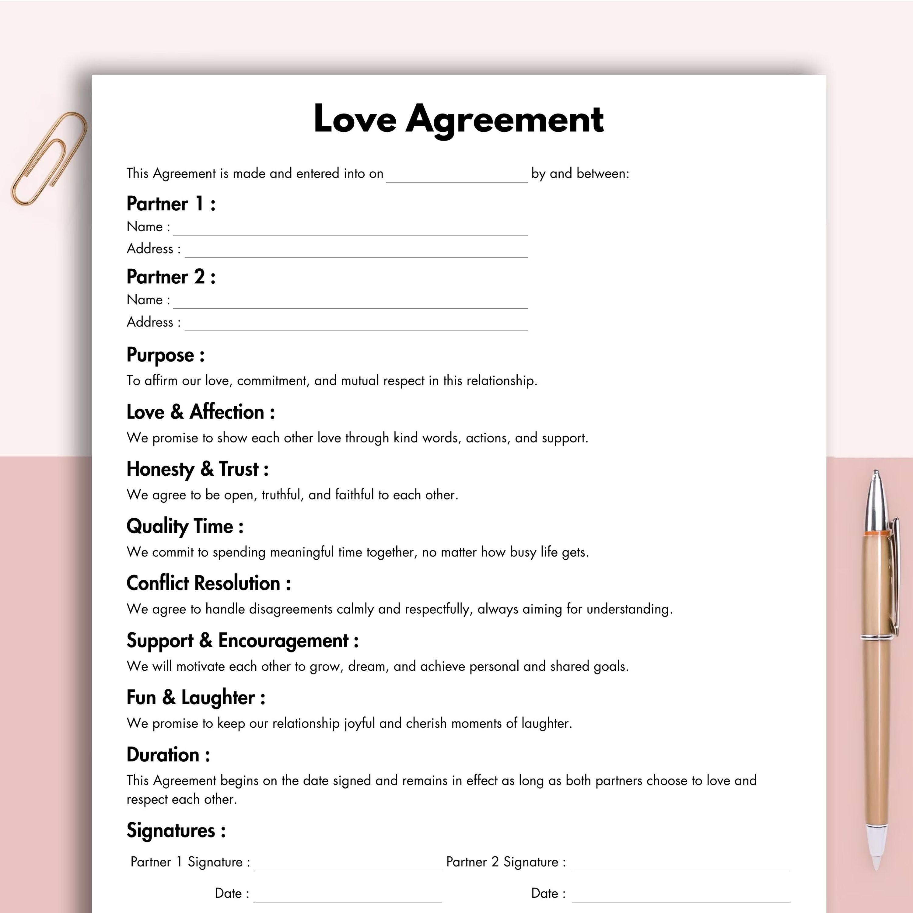 Love Agreement, Printable Relationship Blueprint for Harmony and Growth ...