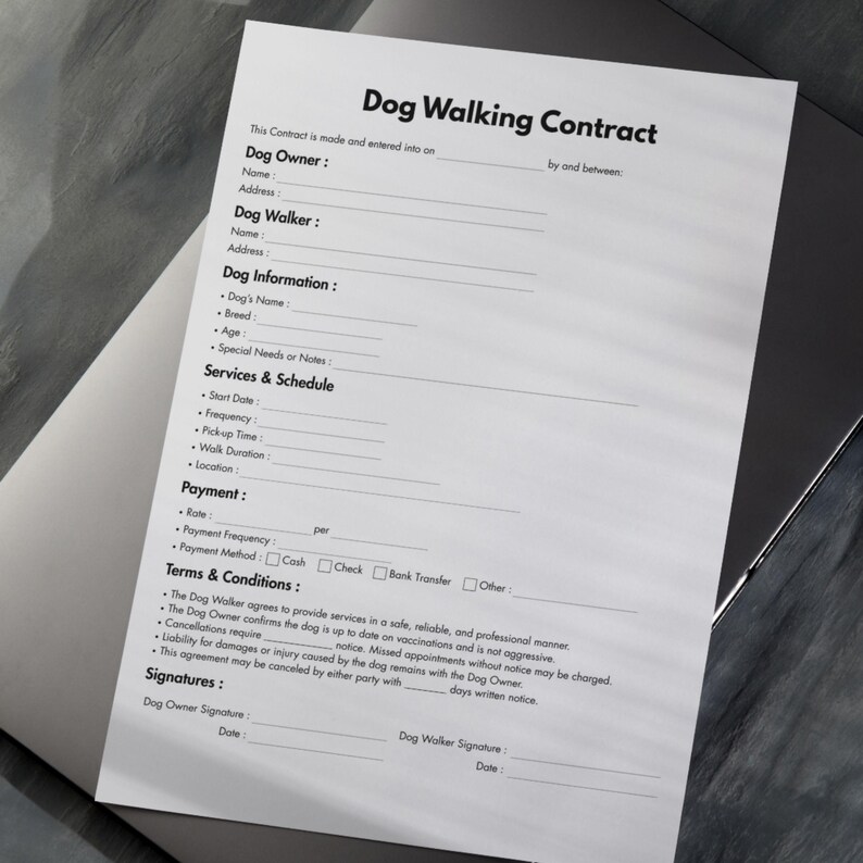 Dog Walking Contract, Printable Dog Walker Business Form Template ...