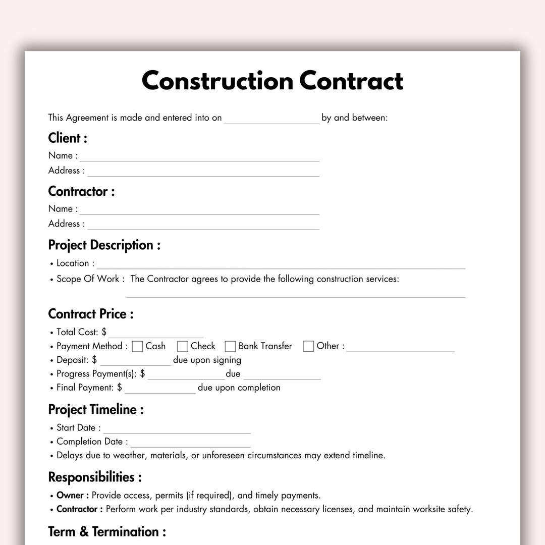 Construction Contract, Printable Construction Agreement Form Template ...