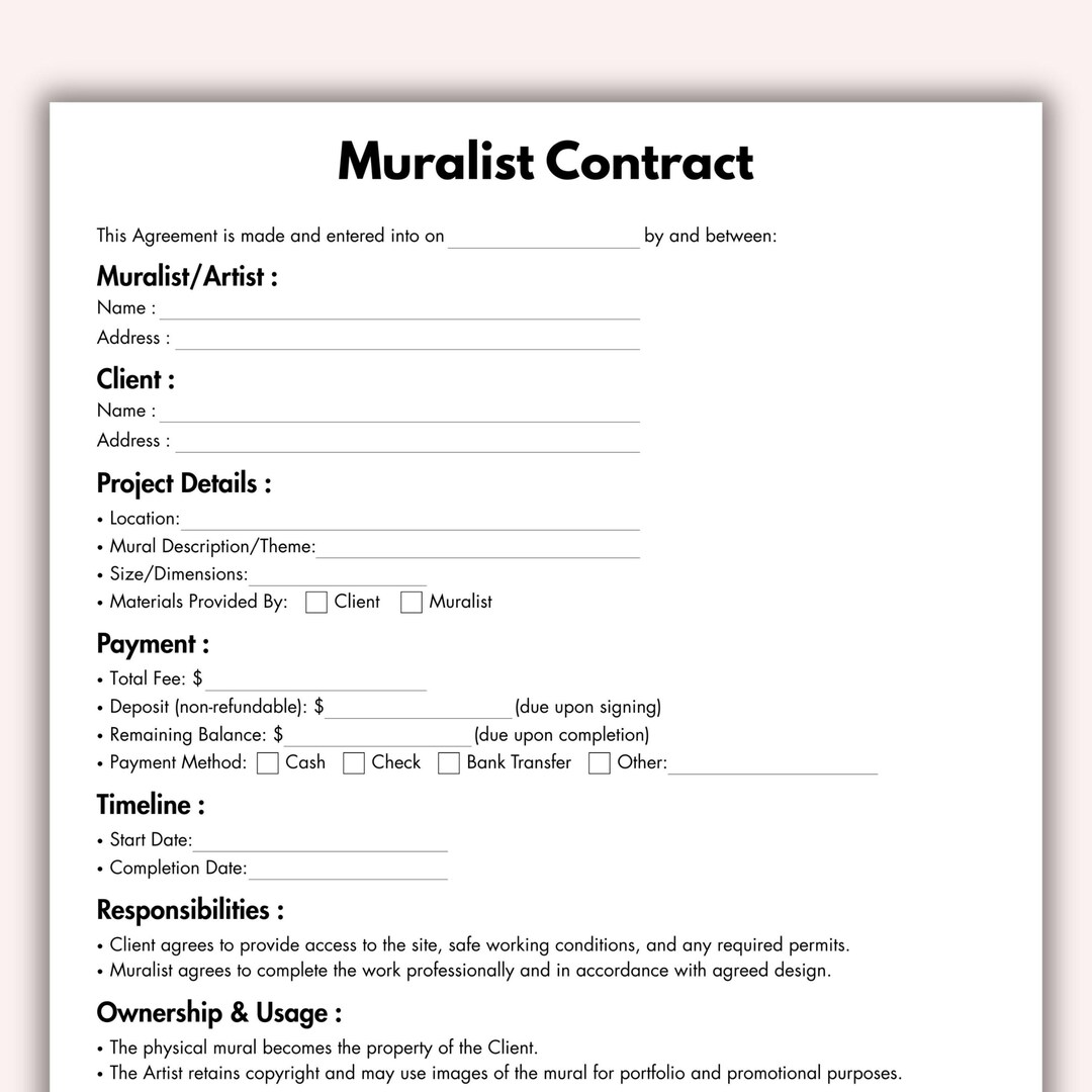 Muralist Contract, Printable Mural Services Form Template, Editable ...