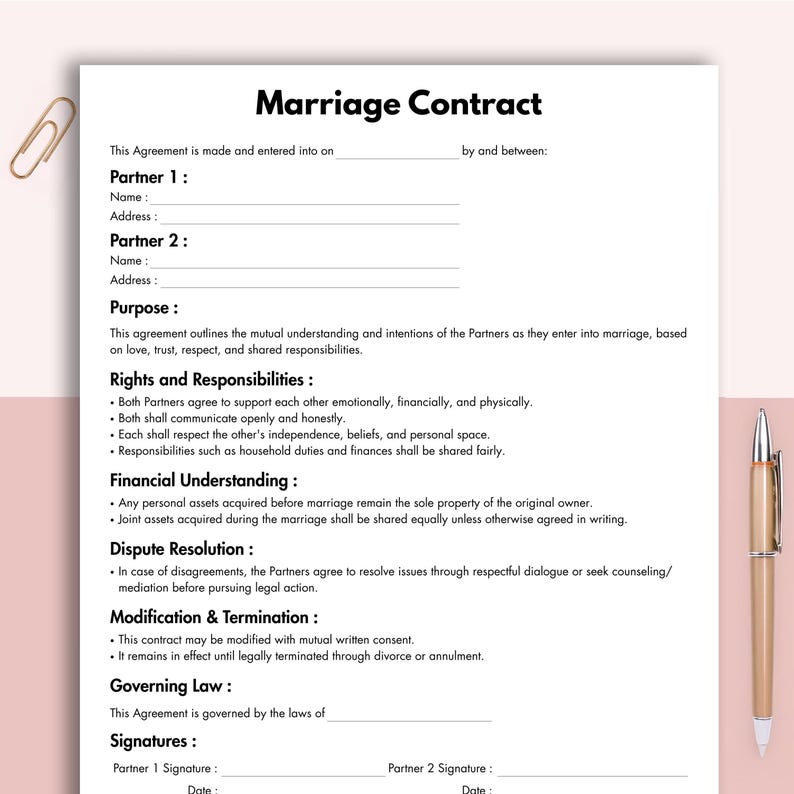 Marriage Contract, Printable Couple Marriage Agreement Form Template ...