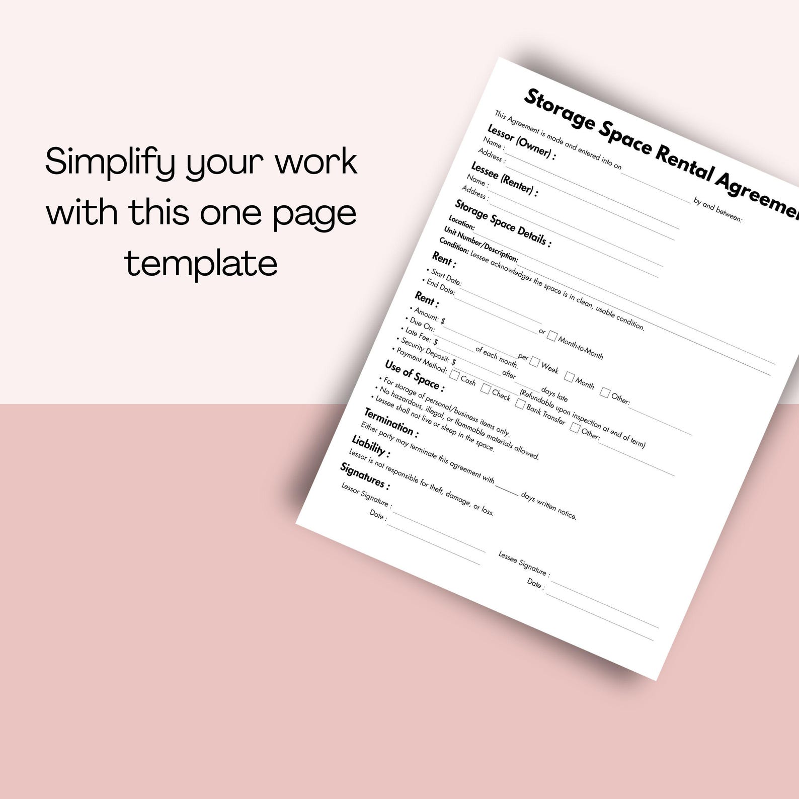 Storage Space Rental Agreement, Printable Contractor Storage Form ...