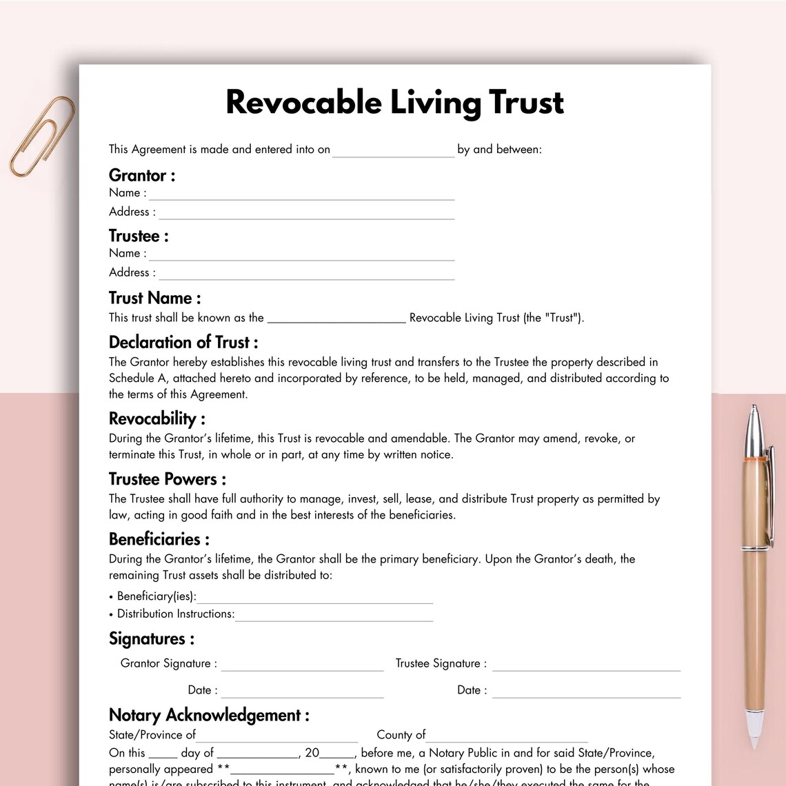 Revocable Living Trust, Printable Living Trust Agreement, Trust ...