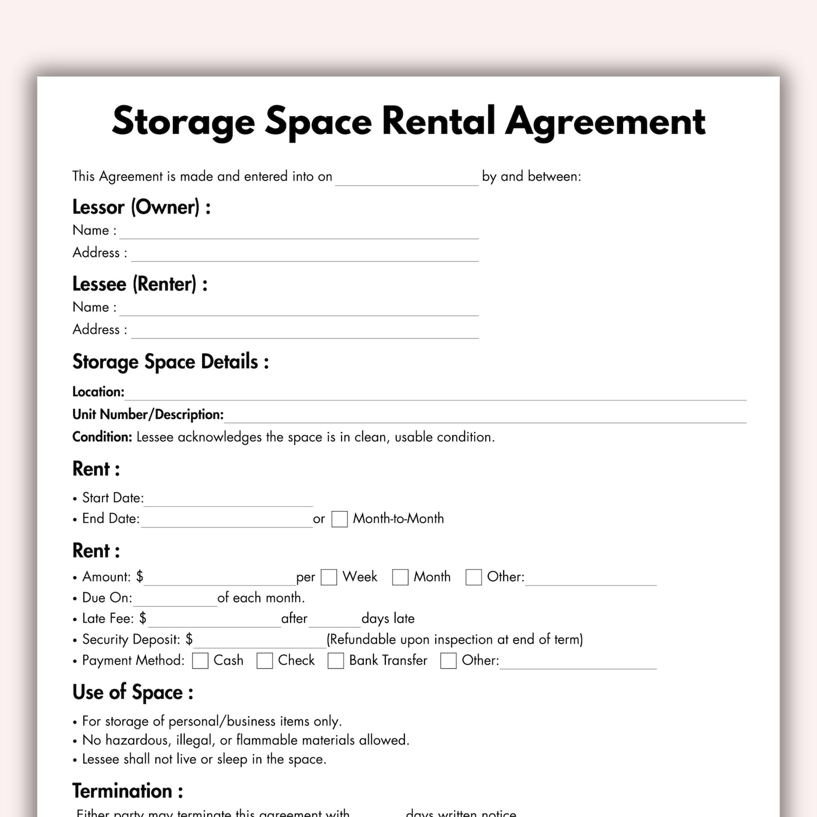 Storage Space Rental Agreement, Printable Contractor Storage Form ...