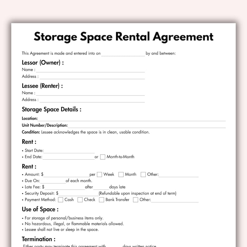 Storage Space Rental Agreement, Printable Contractor Storage Form ...