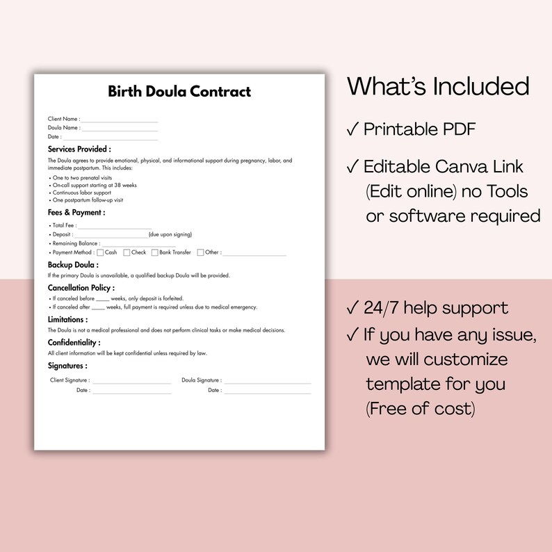 Birth Doula Contract, Printable Labor Support Contract Form Template ...