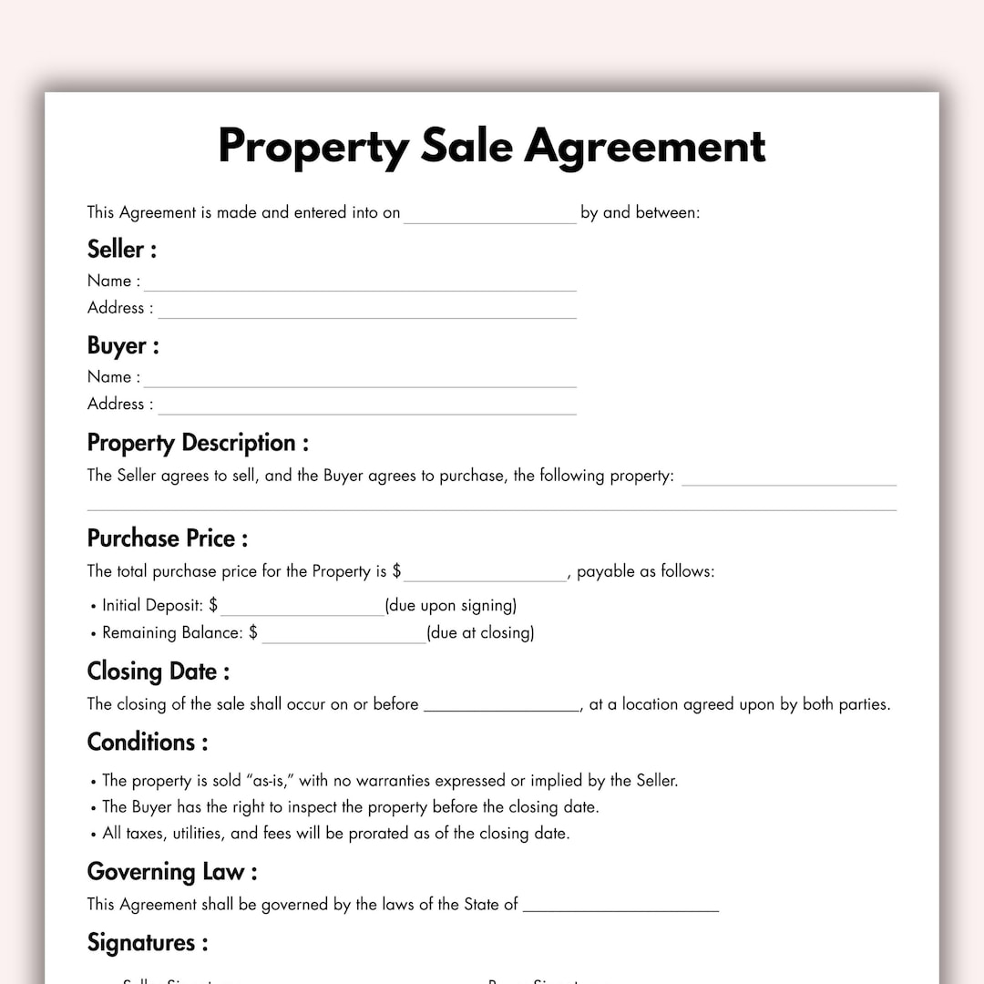 Property Sale Agreement, Printable Purchase Agreement Form Template ...