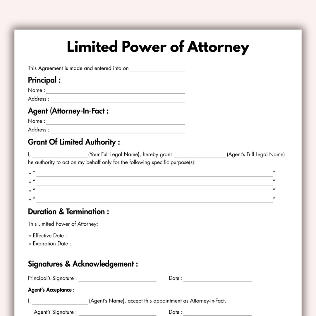 Limited Power of Attorney, Printable Standard POA Form Template ...