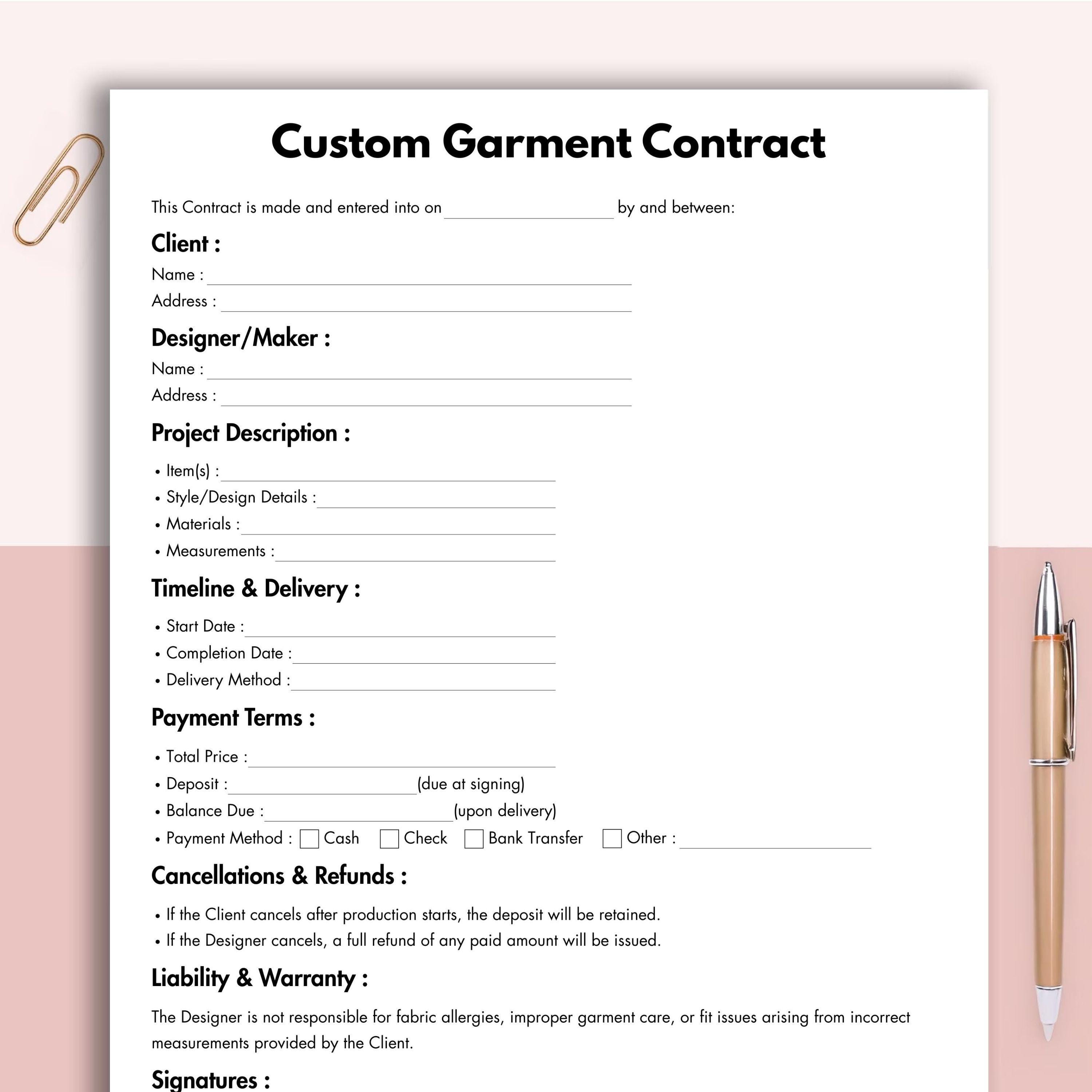 Custom Garment Contract, Printable Tailor Clothing Agreement Template ...