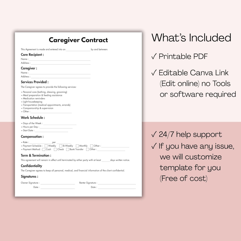 Caregiver Contract, Printable Nanny Contract Template, Editable Elder ...