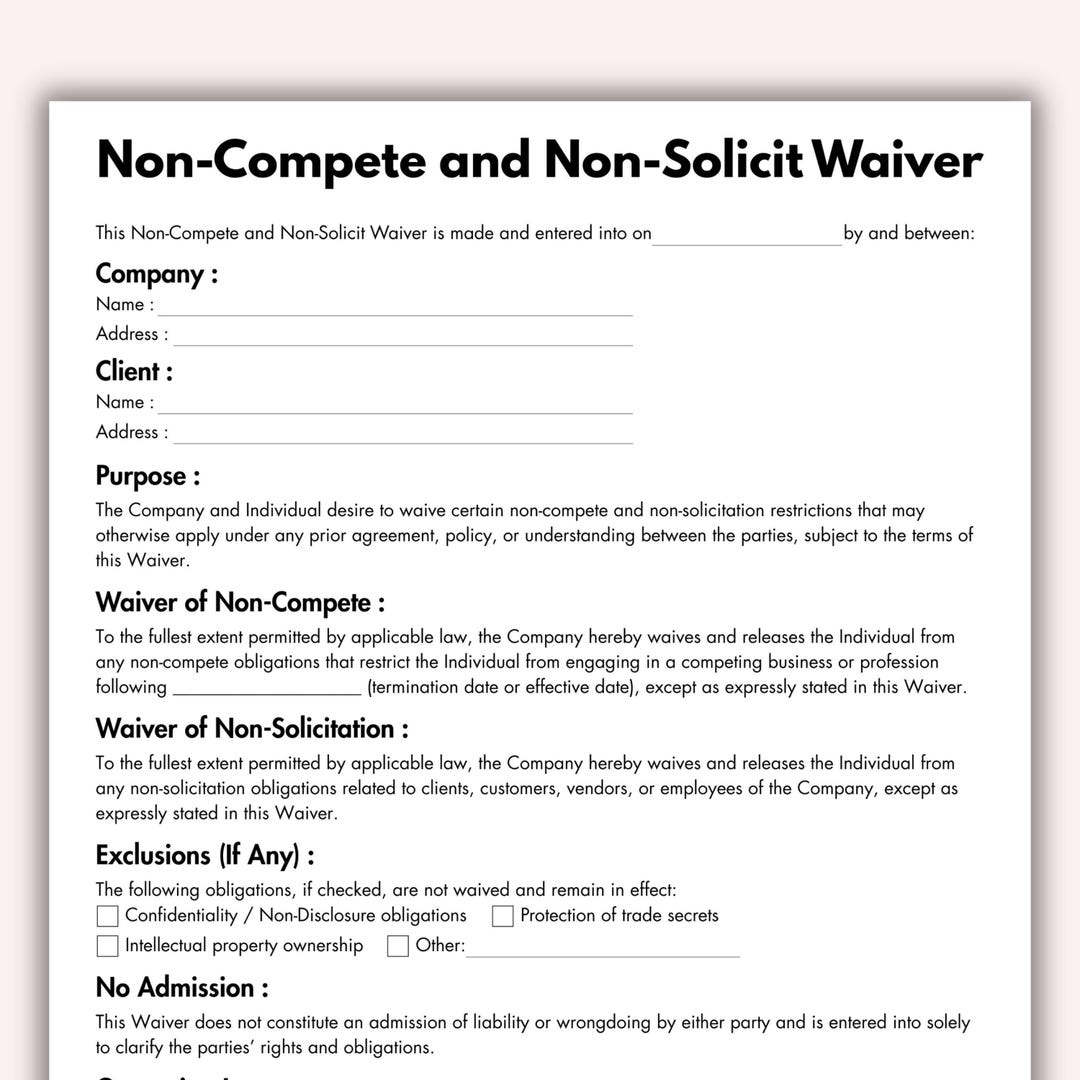 Non-compete and Non-solicit Waiver, Printable High-level Restrictive ...