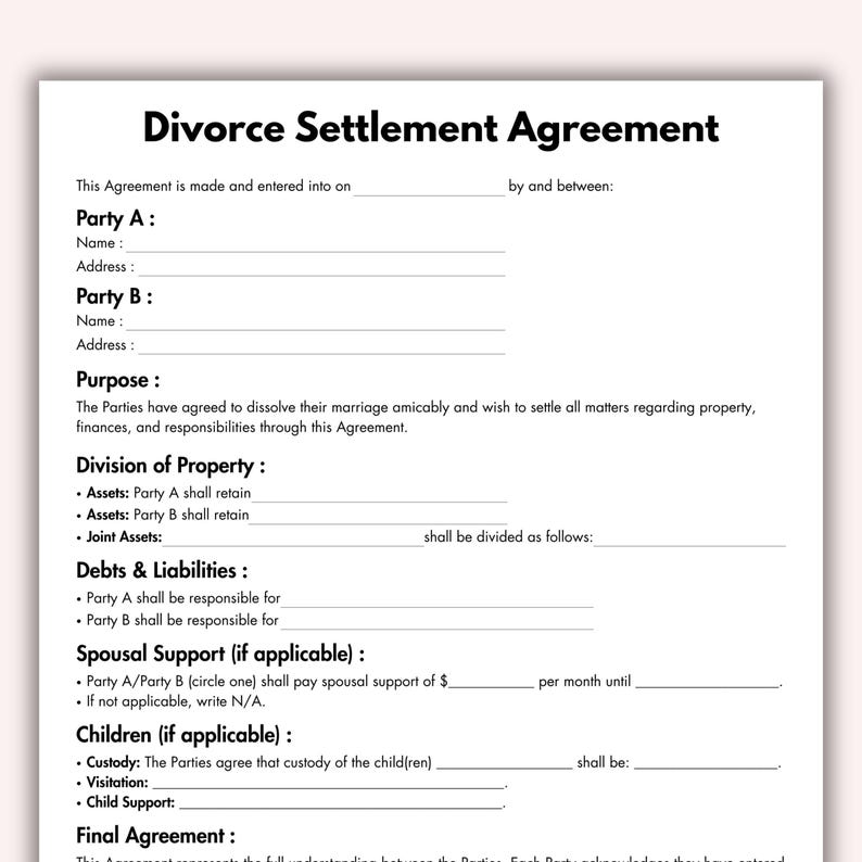 Divorce Settlement Agreement, Printable Marriage Dissolution Form ...