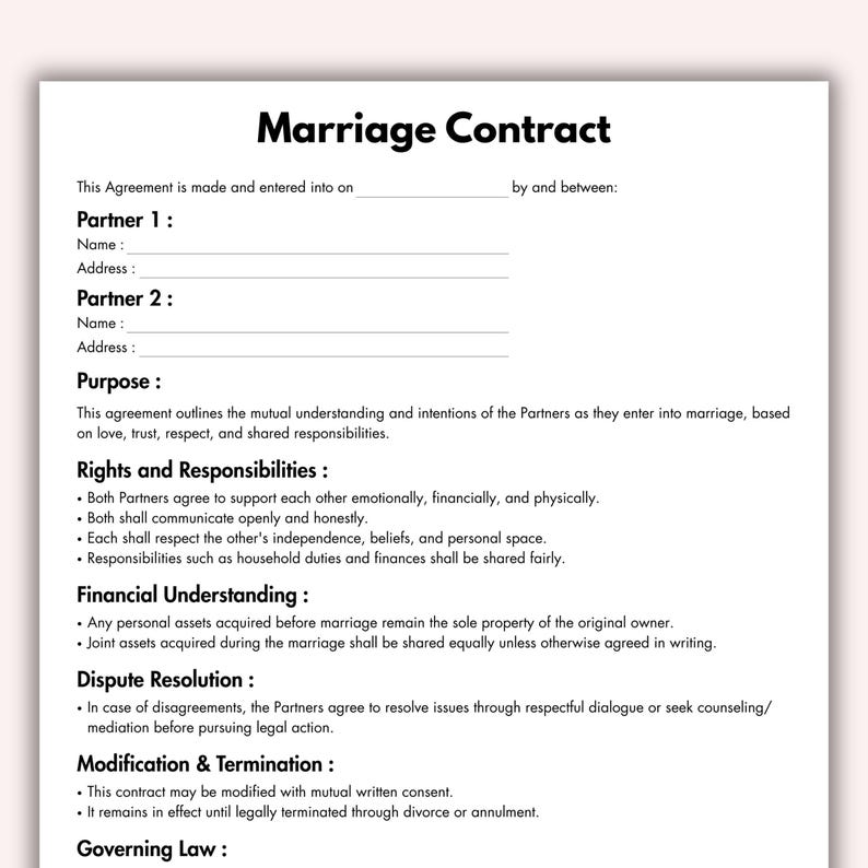 Marriage Contract, Printable Couple Marriage Agreement Form Template ...