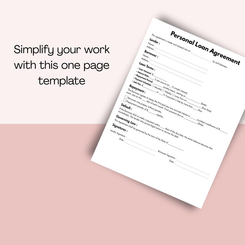 Personal Loan Agreement, Printable Promissory Note Template, Editable ...