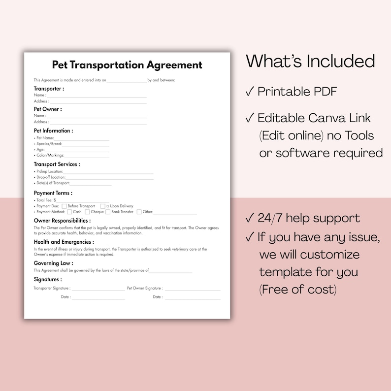 Pet Transportation Agreement, Printable Animal Courier Contract ...