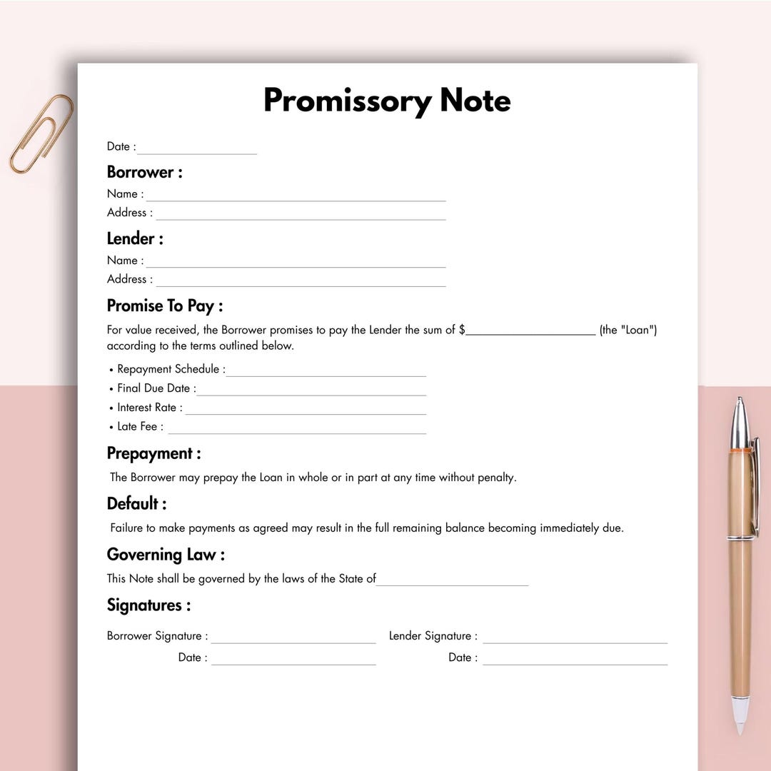 Promissory Note, Printable Personal Loan Agreement Template, Editable ...