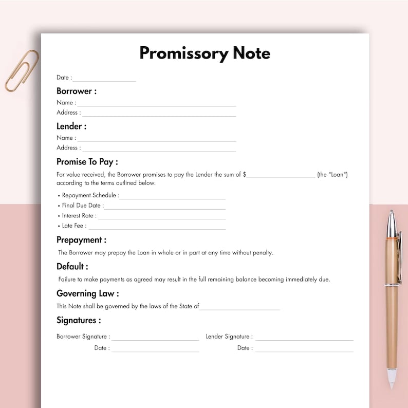 Promissory Note, Printable Personal Loan Agreement Template, Editable ...