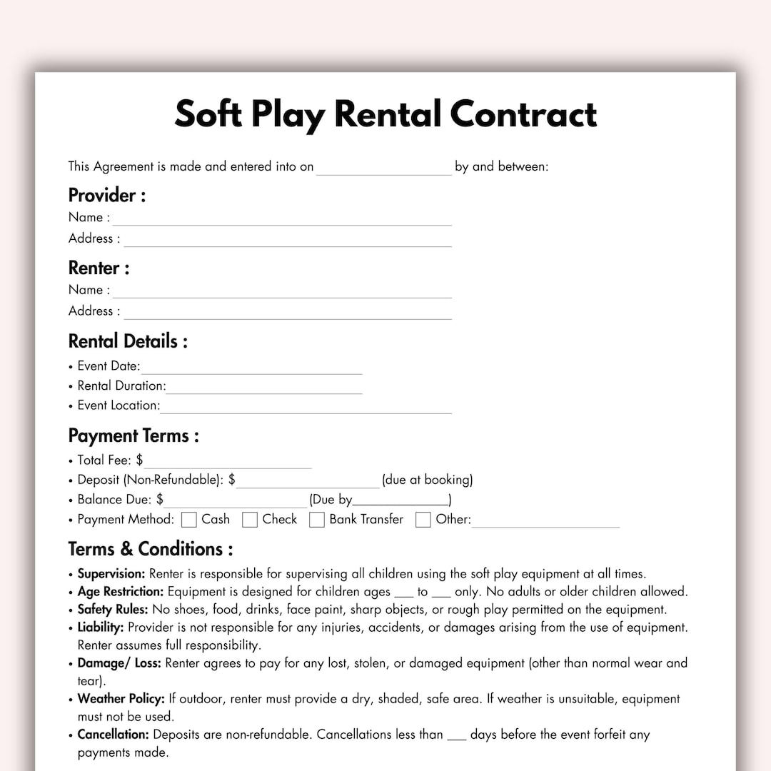 Soft Play Rental Contract, Printable Equipment Lease Agreement Template ...