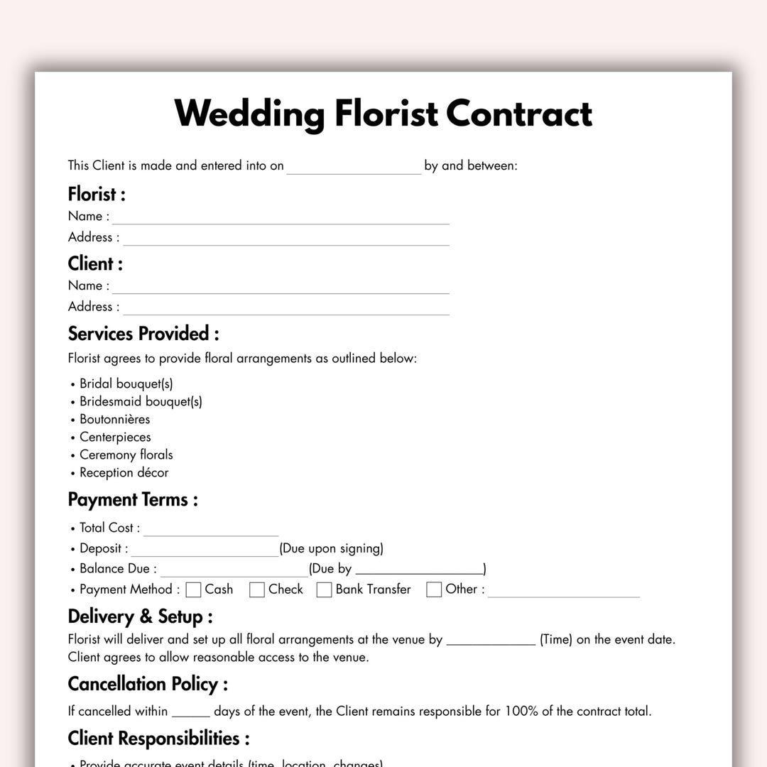 Wedding Florist Contract, Printable Floral Designer Form Template ...