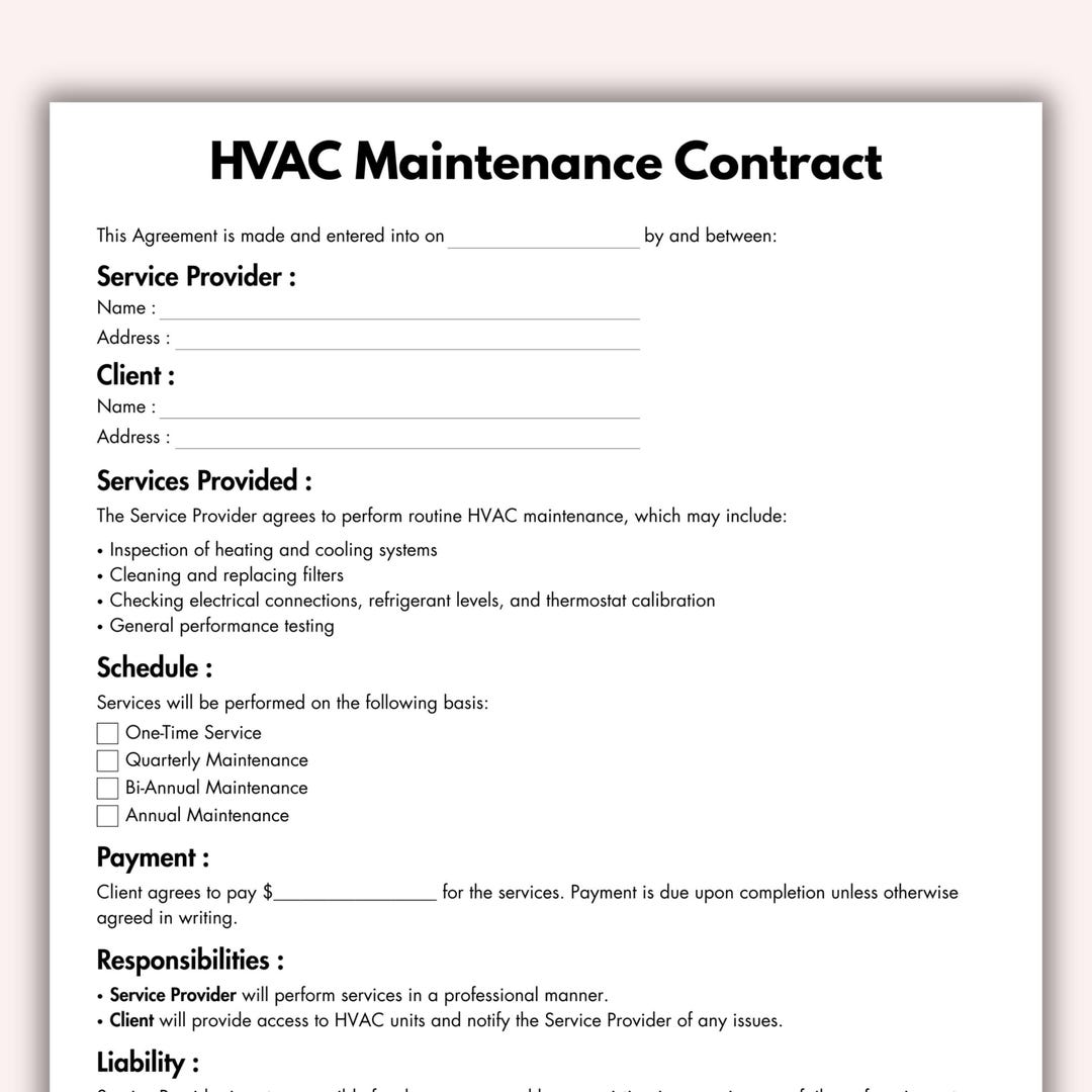 HVAC Maintenance Contract, Printable Heating & Cooling Service ...