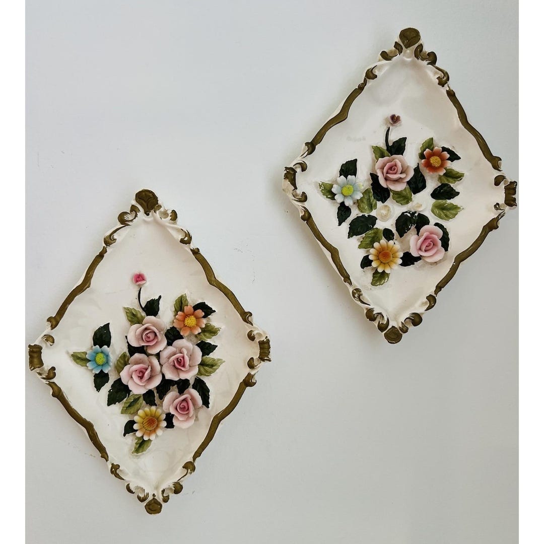 Lefton 5785 MCM Ceramic Diamond Wall Plaques W/raised Flowers Set of 2 ...