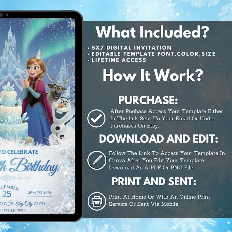 Frozen Birthday Invitation, Elsa & Anna Party, Canva Template (digital ...