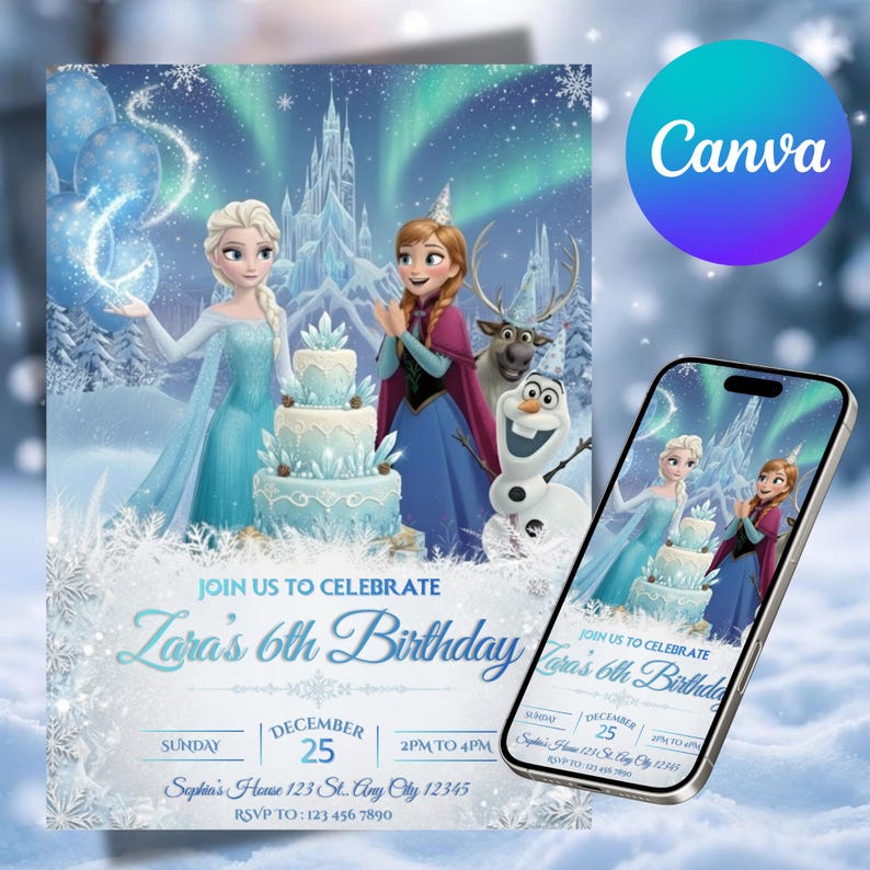 Frozen Birthday Invitation, Elsa & Anna Party, Canva Template (digital ...