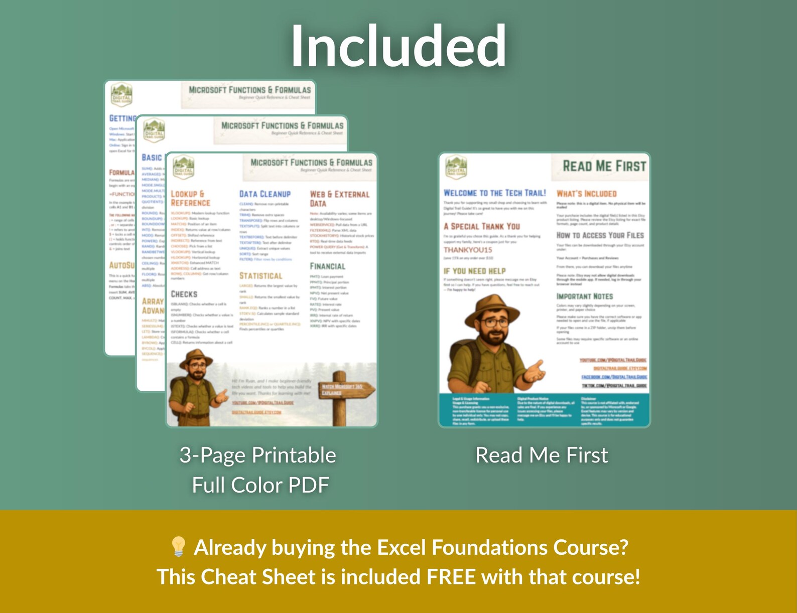 Excel Functions & Formulas Cheat Sheet Printable | Quick Reference PDF ...