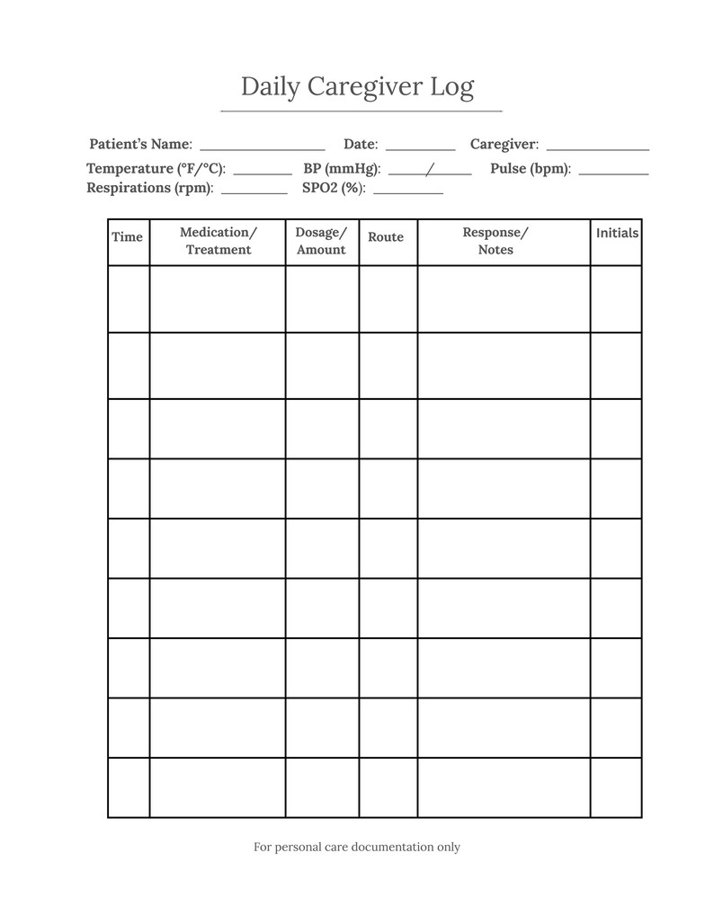 Daily Caregiver Log - Printable Care Documentation for Home & Medical ...