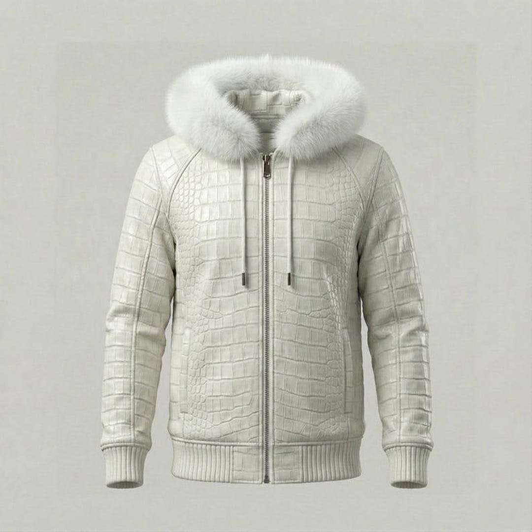 Men's White Croc Embossed Leather Hoodie | Fur Hood Winter Jacket Gift ...