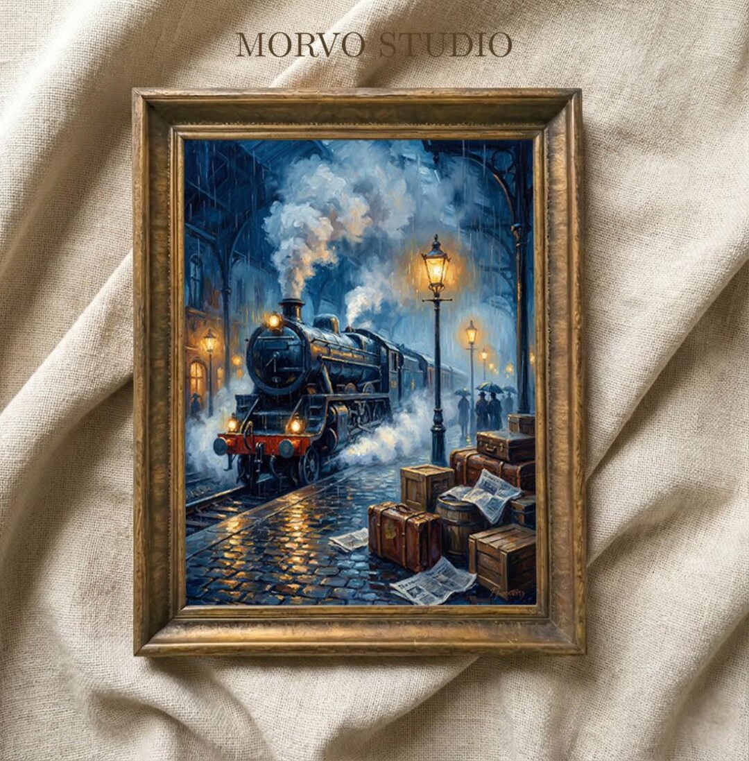 Moody Victorian Steam Train Oil Painting | Rainy Night Station Art ...