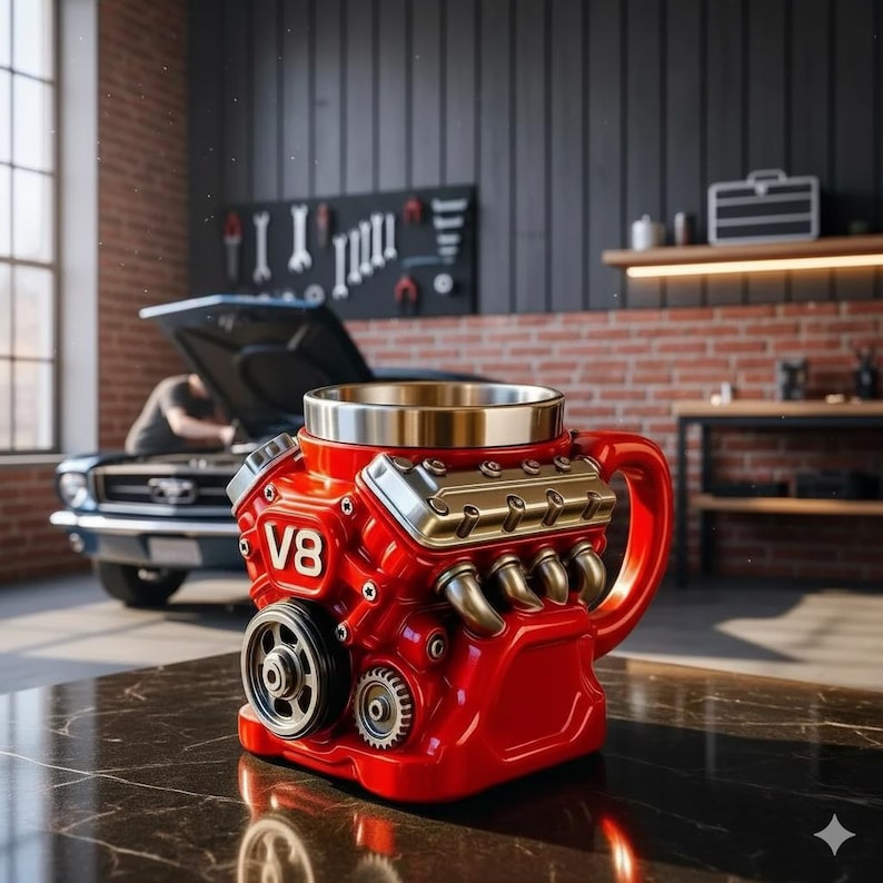V8 Engine Coffee Mug Red Resin Stainless Steel Mechanic Gift Automotive ...