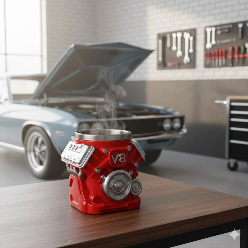 V8 Engine Coffee Mug Red Resin Stainless Steel Mechanic Gift Automotive ...