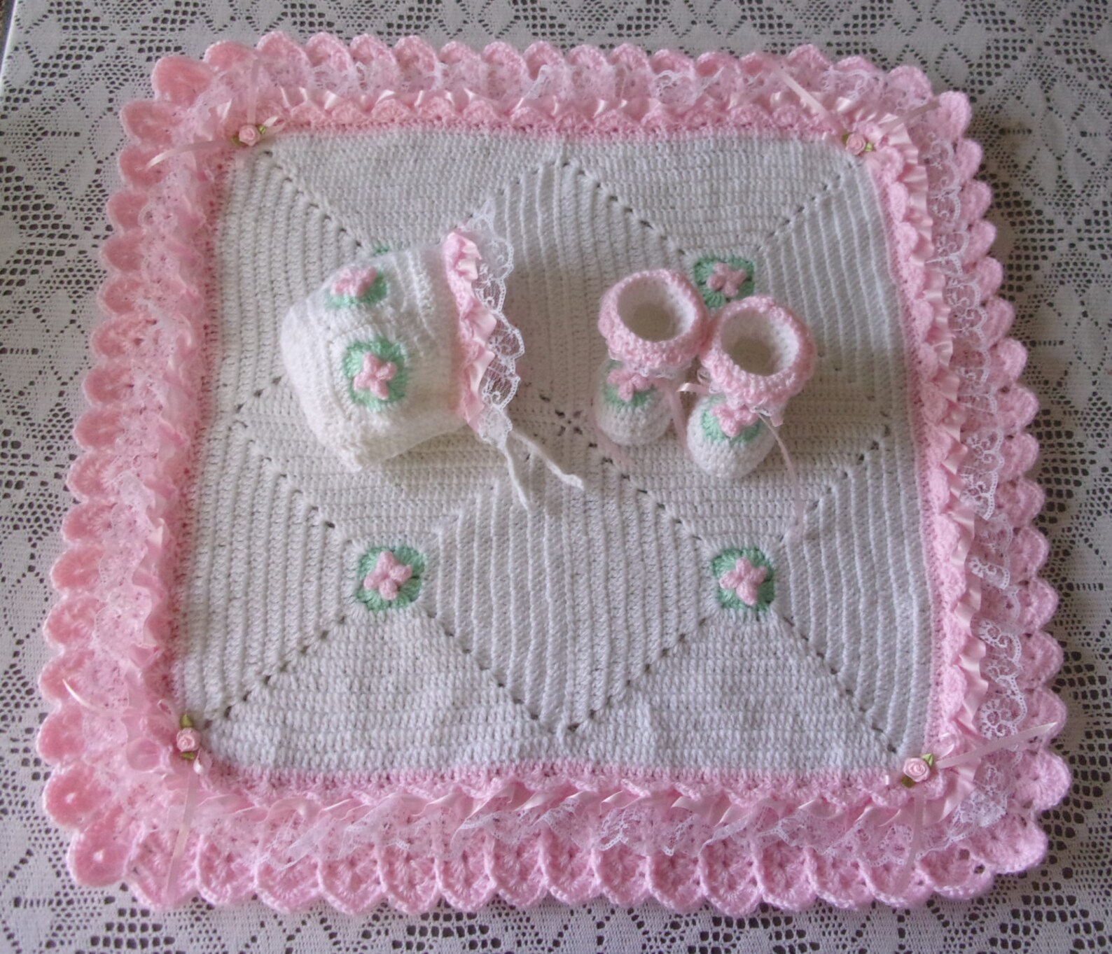 Crochet Baby Girl Frilly Fancy Blanket Set Layette With Satin and Lace ...