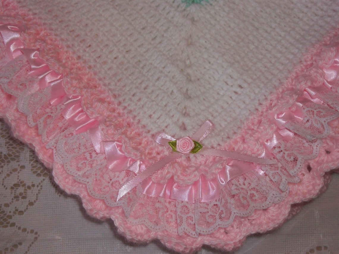 Crochet Baby Girl Frilly Fancy Blanket Set Layette With Satin and Lace ...