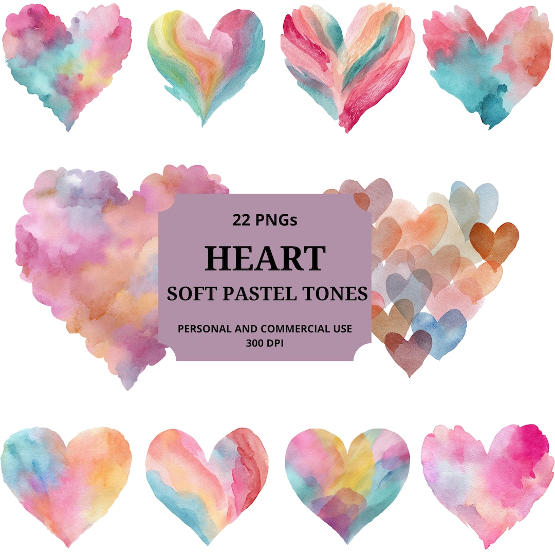 22 Watercolor Pastel Heart Clipart, Soft Tones Heart PNG , Commercial ...
