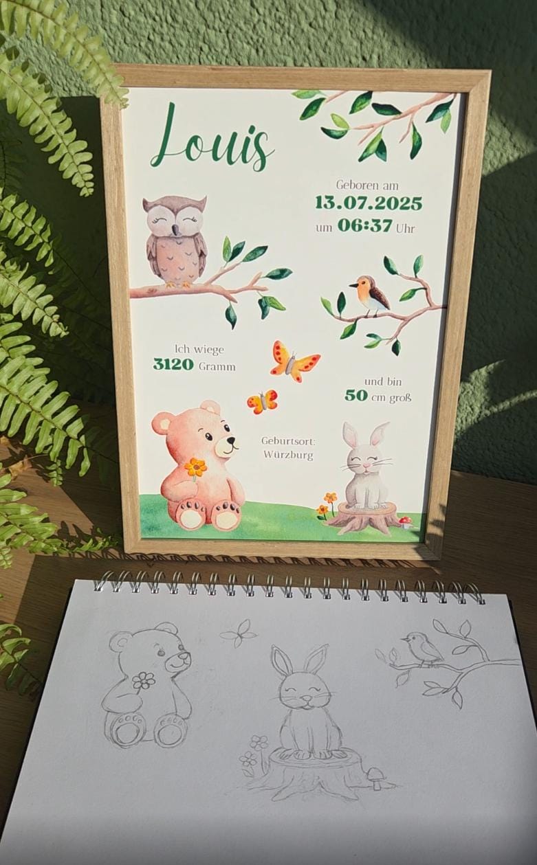 Personalized Birth Announcement Board With Woodland Animals, Birth ...