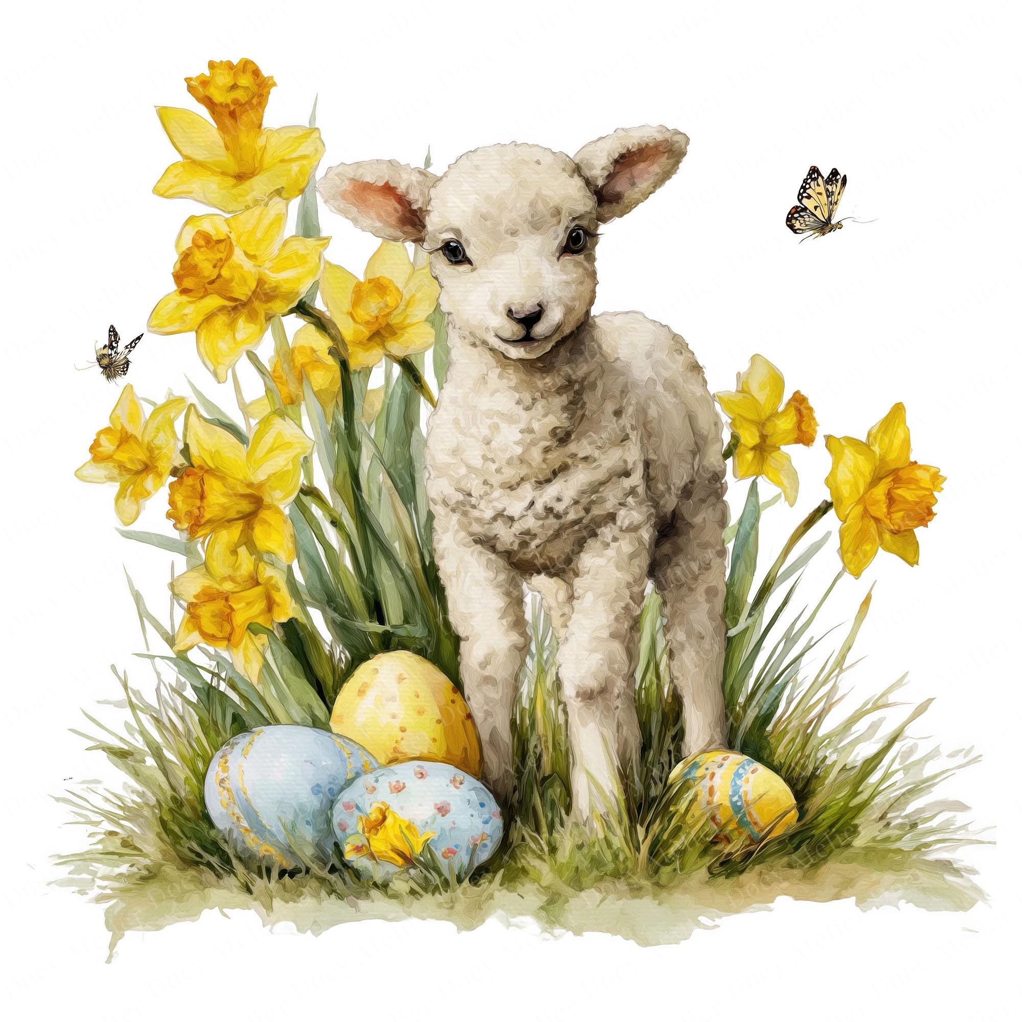 6 Easter Lamb Clipart Set, Watercolor Baby Lamb With Daffodils and Eggs ...