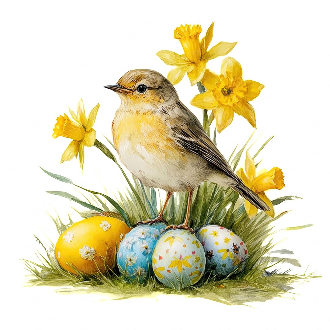 6 Easter Bird Clipart Set, Watercolor Spring Bird With Daffodils and ...